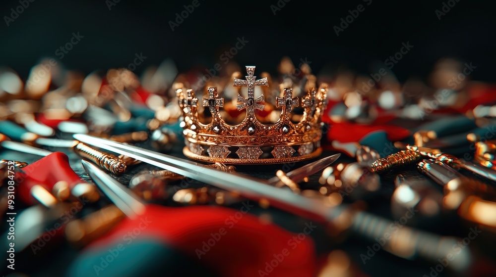 A dictator surrounded by symbols of power: swords flags and military ...