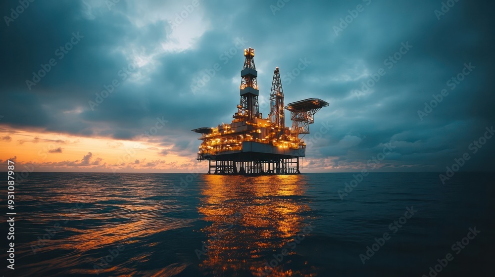 Oil rig in the ocean at dawn, with lights reflecting on the water ...