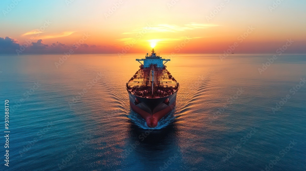 Oil tanker crossing an ocean under clear skies, representing the global ...