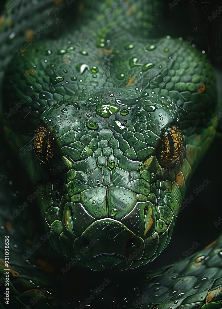 A green snake with its head down and its eyes open. The snake is wet ...