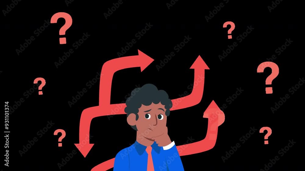 confused man with question marks, person not knowing what decision to ...