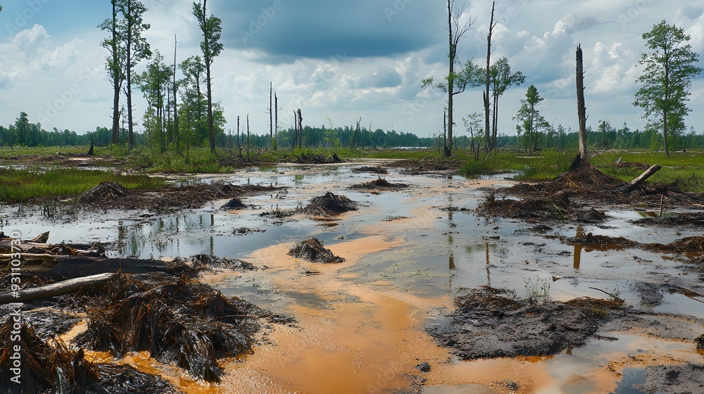 30. A toxic sludge-covered landscape with dead vegetation and polluted ...