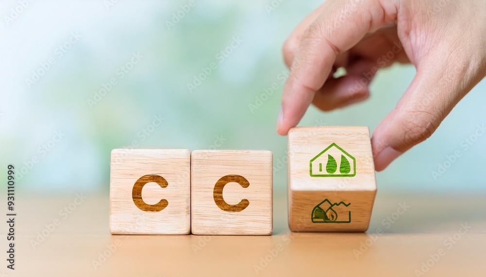 Wooden cubes form the symbol CCU carbon capture utilization and CCS ...