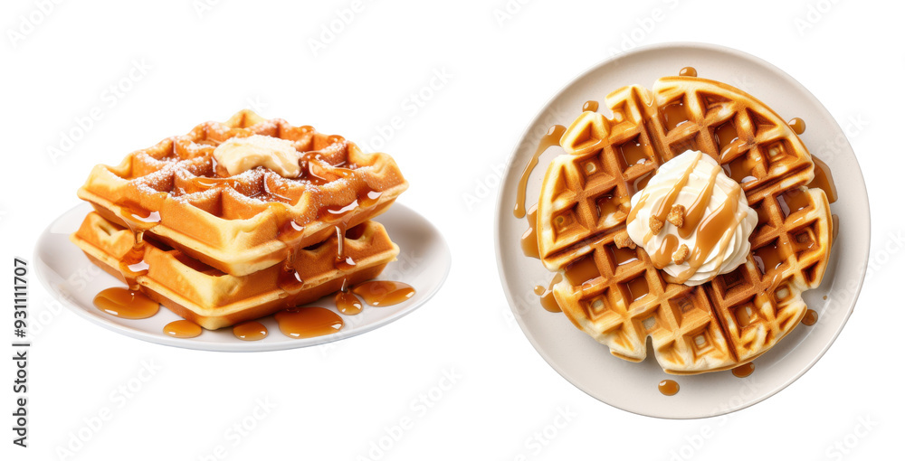 Delicious plate of waffle with honey syrup and whipped cream ,side and ...