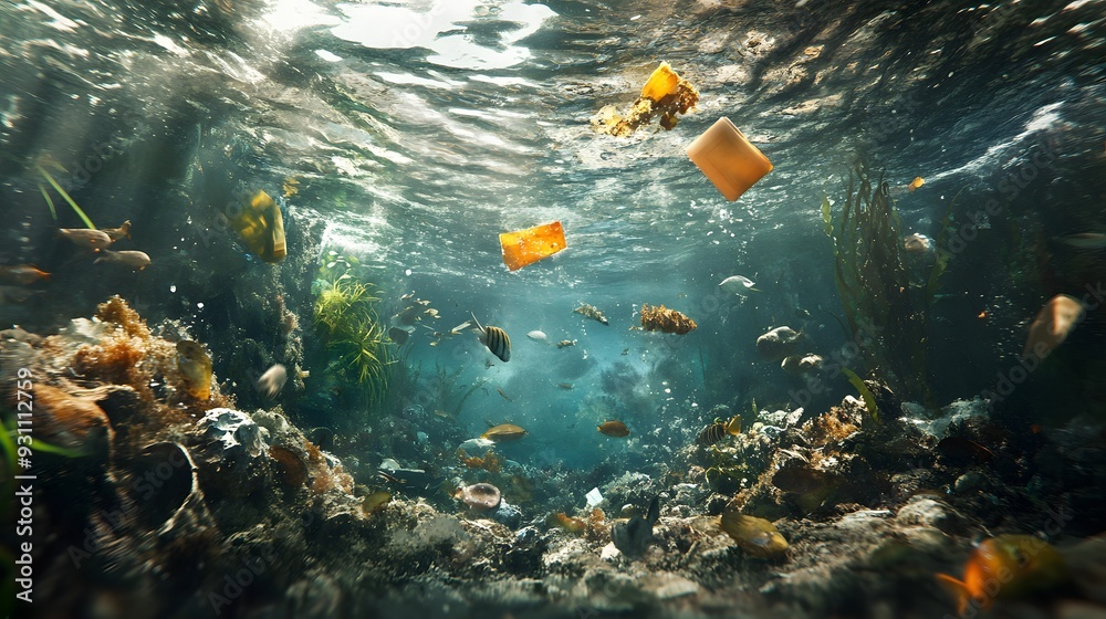 20. An underwater scene with toxic waste and pollution affecting marine ...