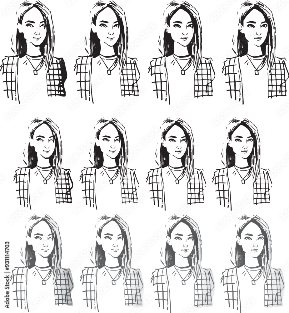 Ink Vector Girl Portrait line Drawing Sketch plaid shirt cute woman ...