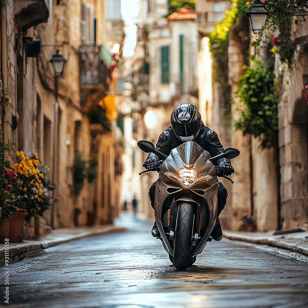 A motorcycle easily maneuvering through narrow roads in a historic city ...