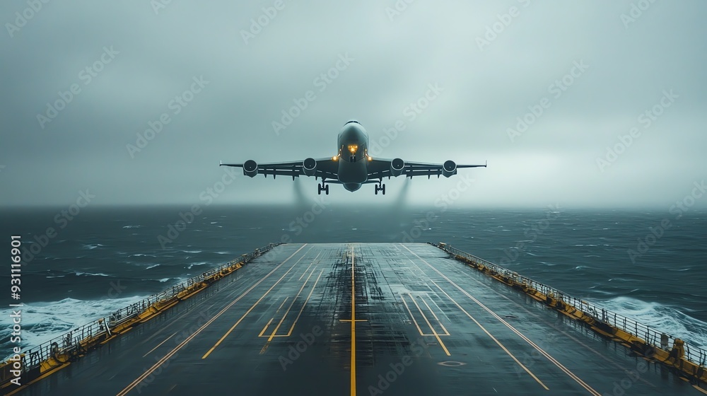 An airplane taking off from a ship s deck, capturing the dynamic ...