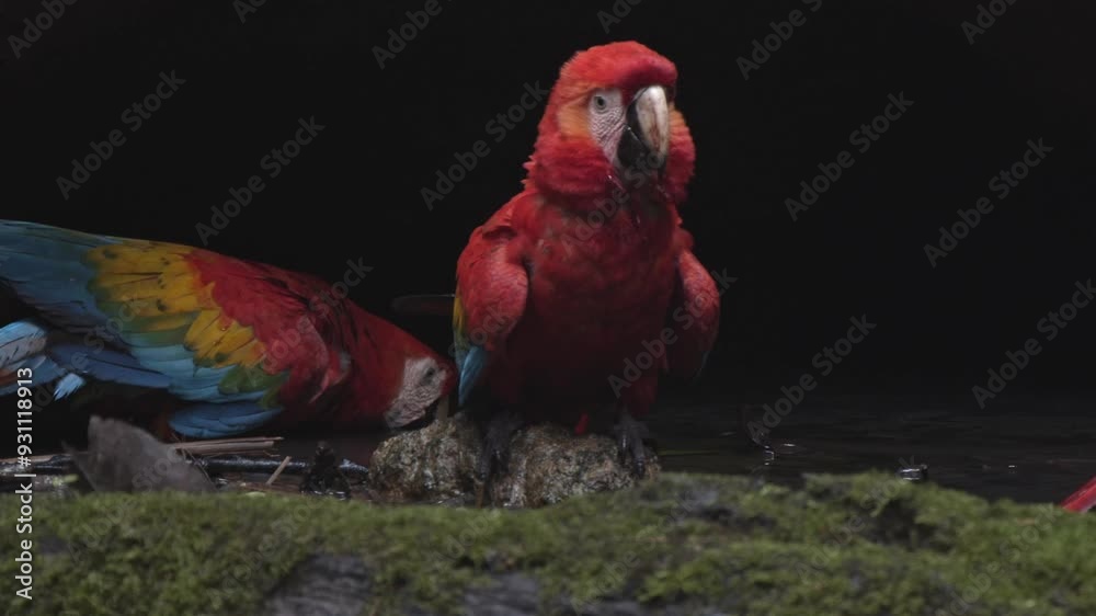 Close Up slow motion of scarlet macaw shaking water off. Super colorful ...