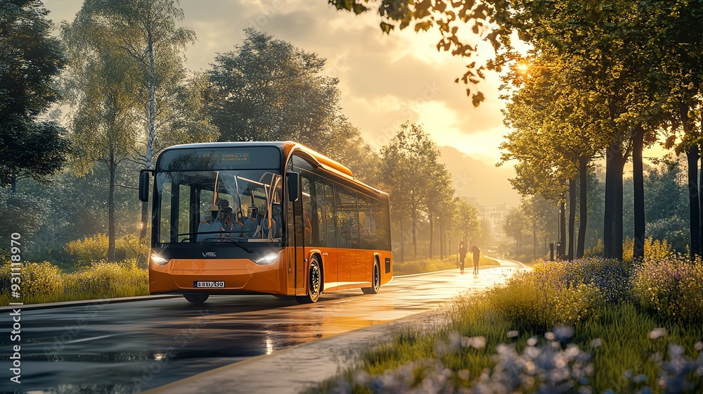 Artistic rendering of an electric bus on a long trip, focusing on ...