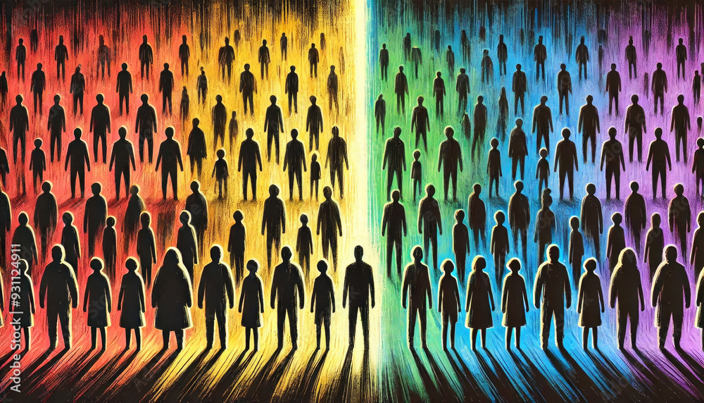 An illustration showing divided groups of people in contrasting warm ...
