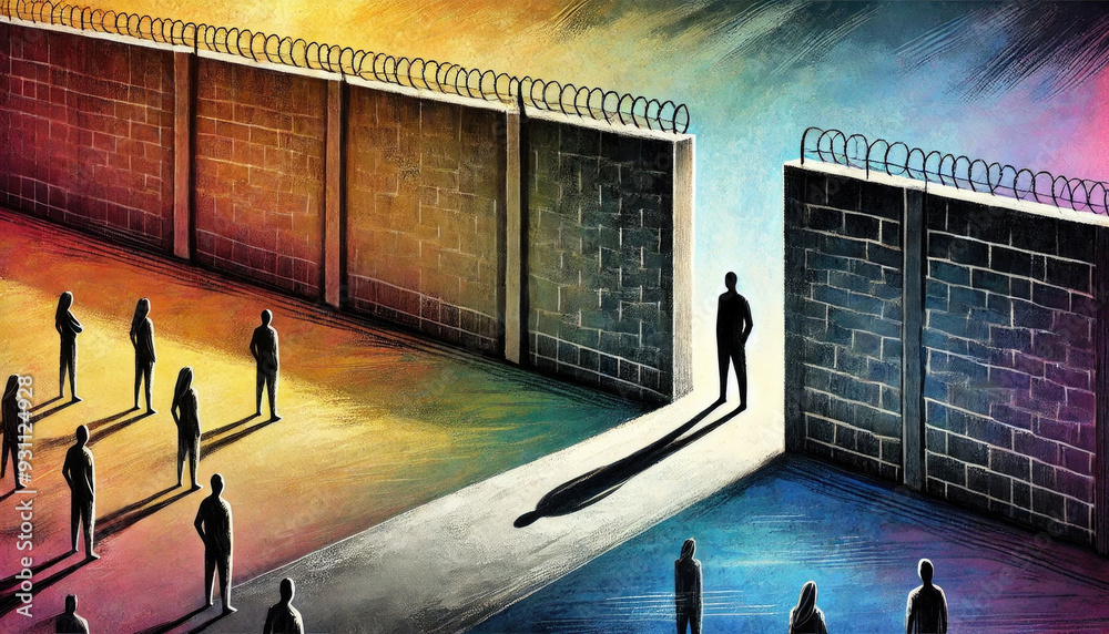 A visual representation of people separated by a barbed wire fence ...