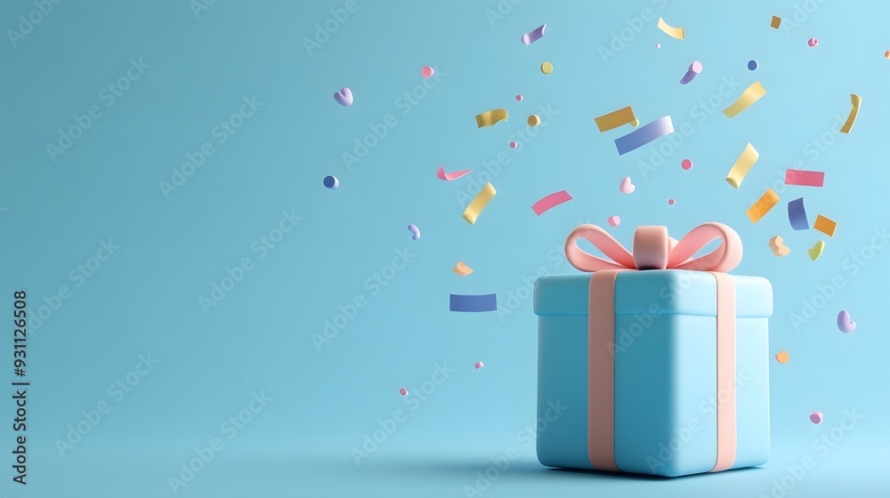 Colorful confetti bursts over a beautifully wrapped blue gift box with ...