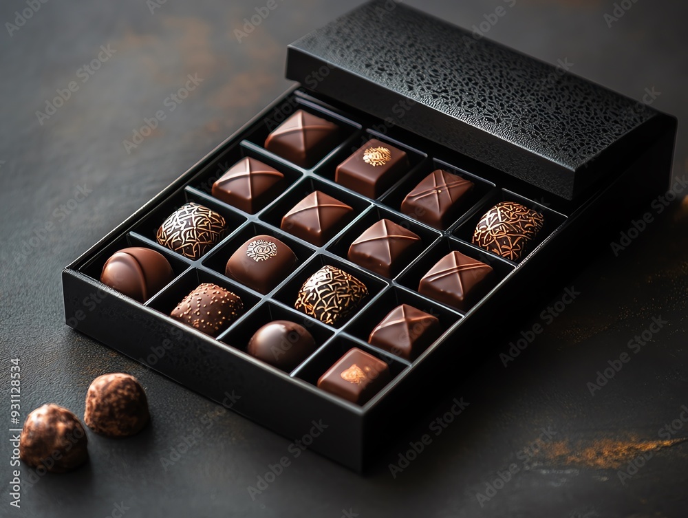 A premium packaging design for fine chocolates, using sleek black boxes ...