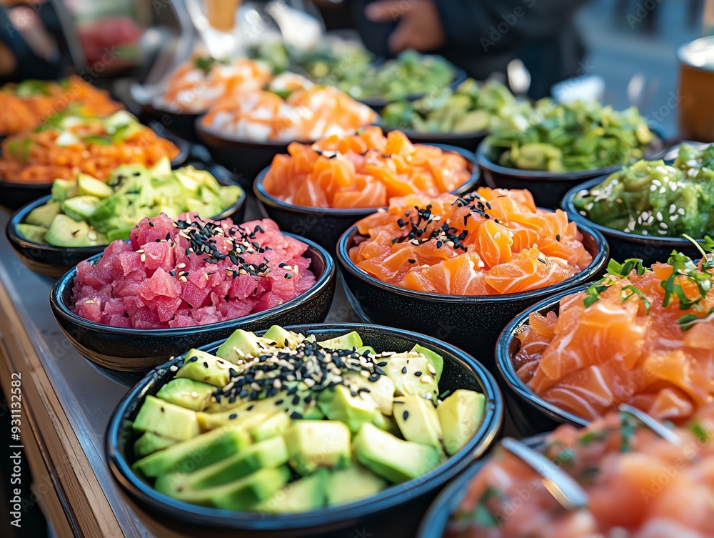 A vendor at a street market serving vibrant bowls of poke, filled with ...