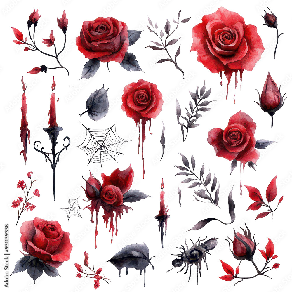 Gothic Halloween Rose Clipart Set, featuring intricate deep red and ...