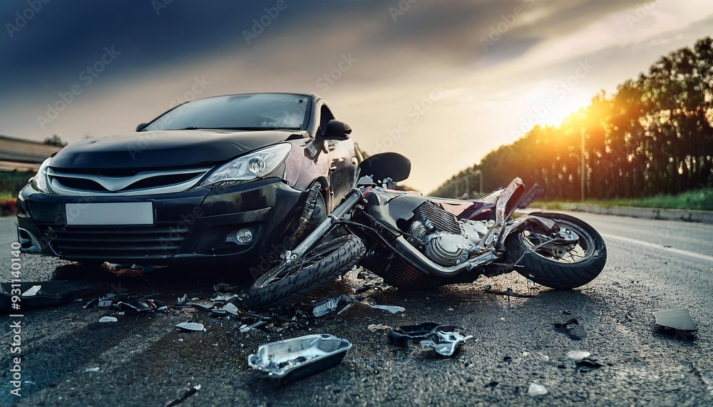 A devastating traffic collision scene showing a damaged motorcycle ...