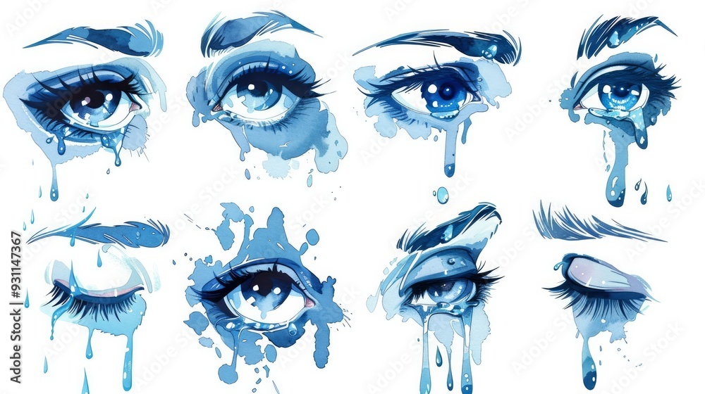 Dropping tears. Cry, wet eyes, streams teardrop. Shedding, sobbing ...