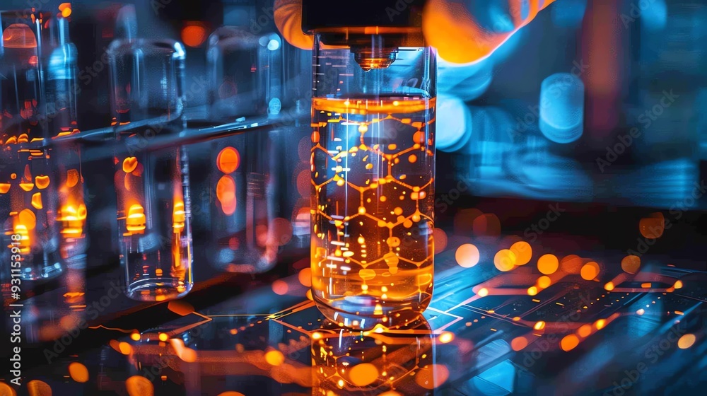 Colorful laboratory scene showing test tubes and a glowing chemical ...