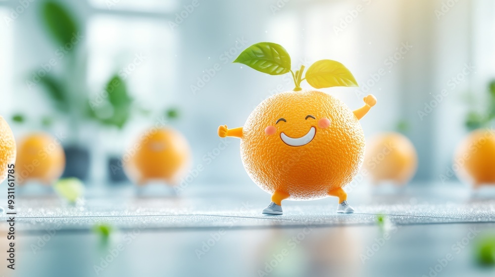 Animated orange with six-pack abs, performing squats, gym environment ...