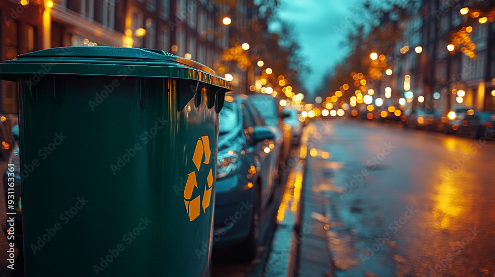 green recycling bin placed on a city street, symbolizing environmental ...