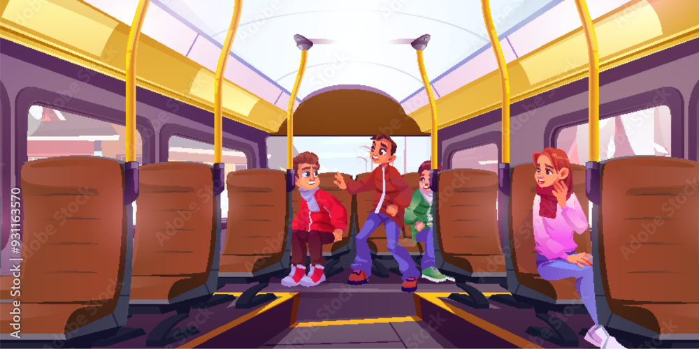 Bullying scene in school bus. Vector cartoon illustration of conflict ...