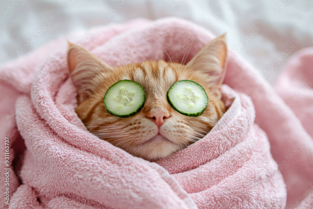 Ginger cat wrapped in a pink towel with cucumber slices on its eyes ...