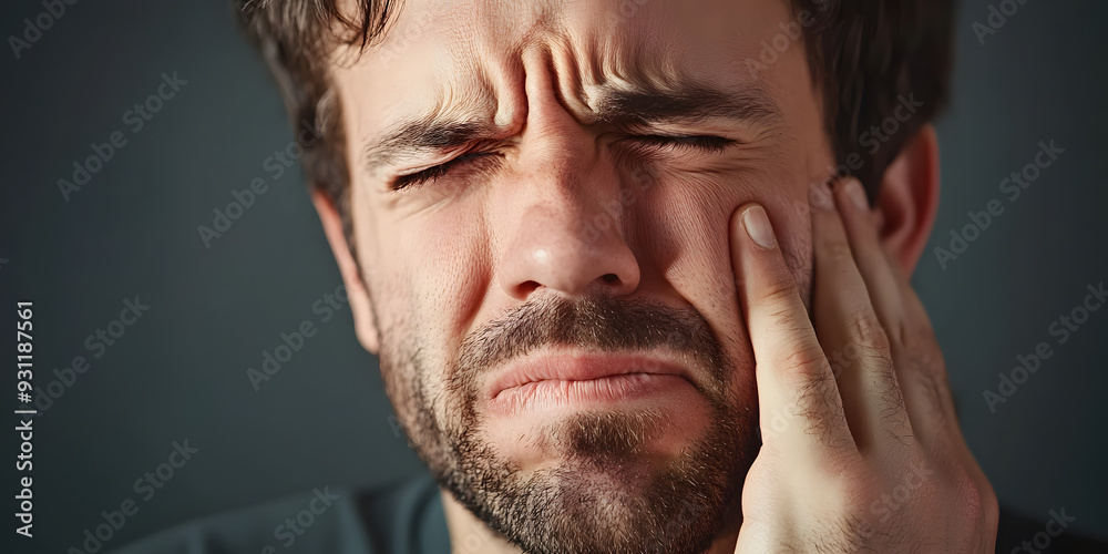 Male pressing sore cheek on studio background. Adult man suffers acute ...