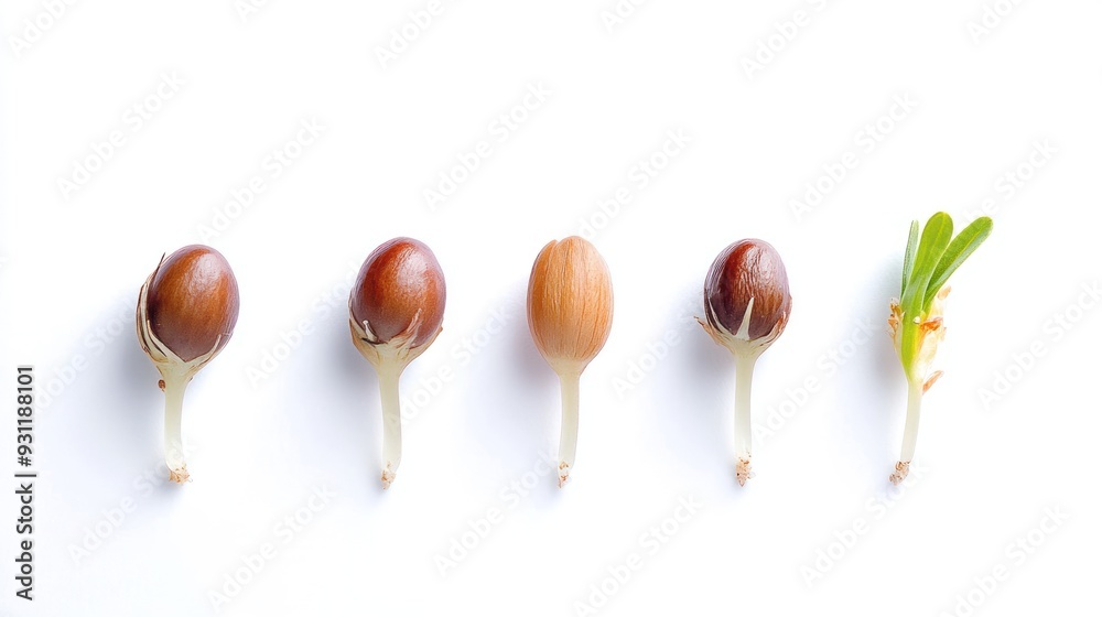 ภาพประกอบสต็อก Five stages of a seed germination process, from a whole ...