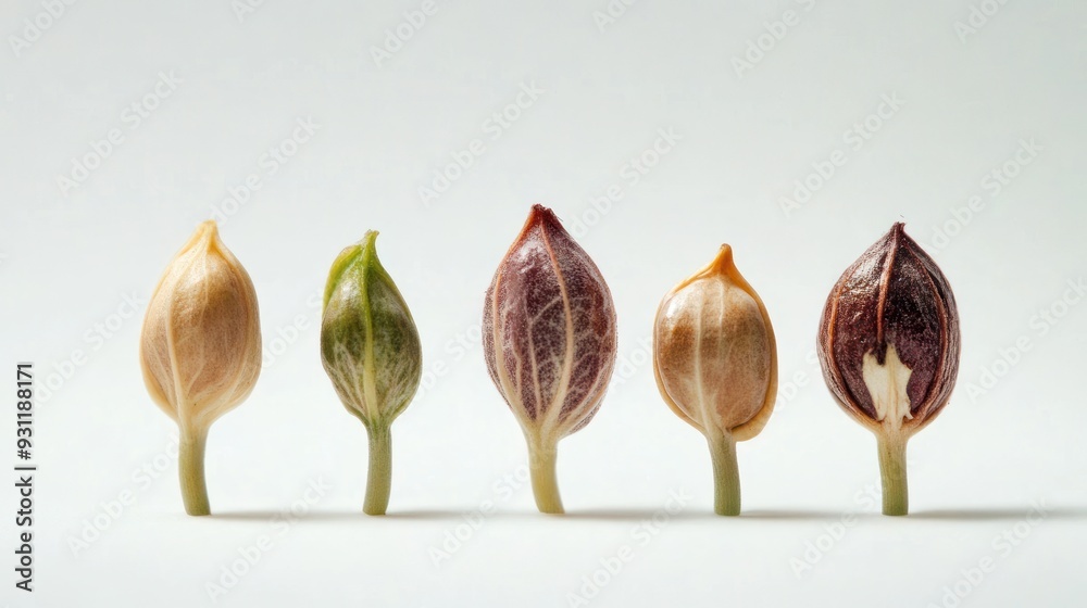 Five stages of a plant seed germination, showing progressive growth ...