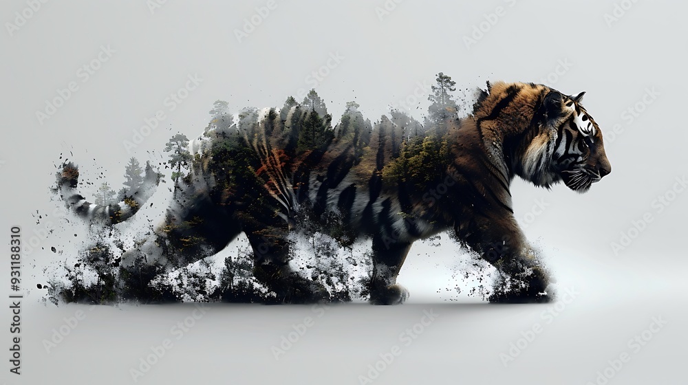 A tiger in motion, its stripes merging with the dense greenery and ...