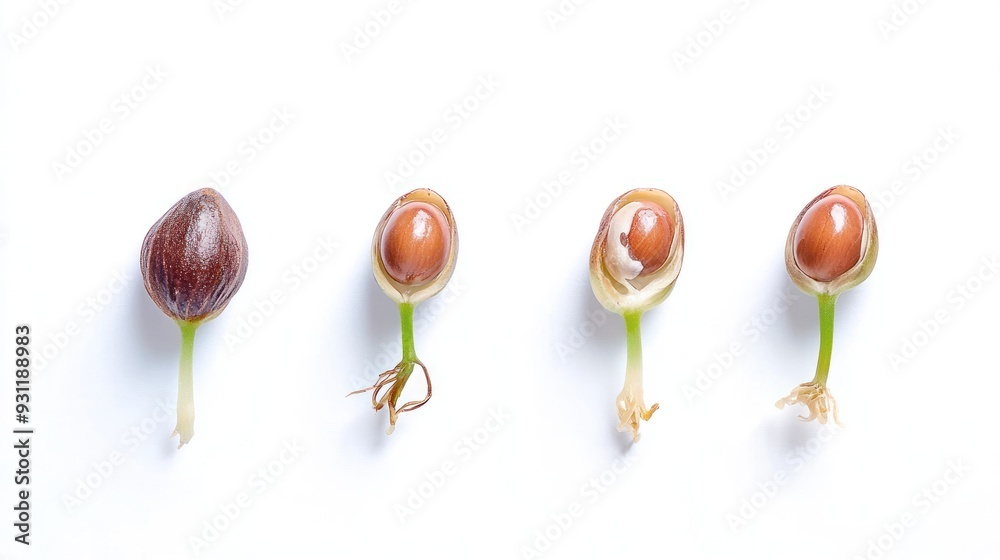 Four stages of a plant's germination process, showing the progression ...