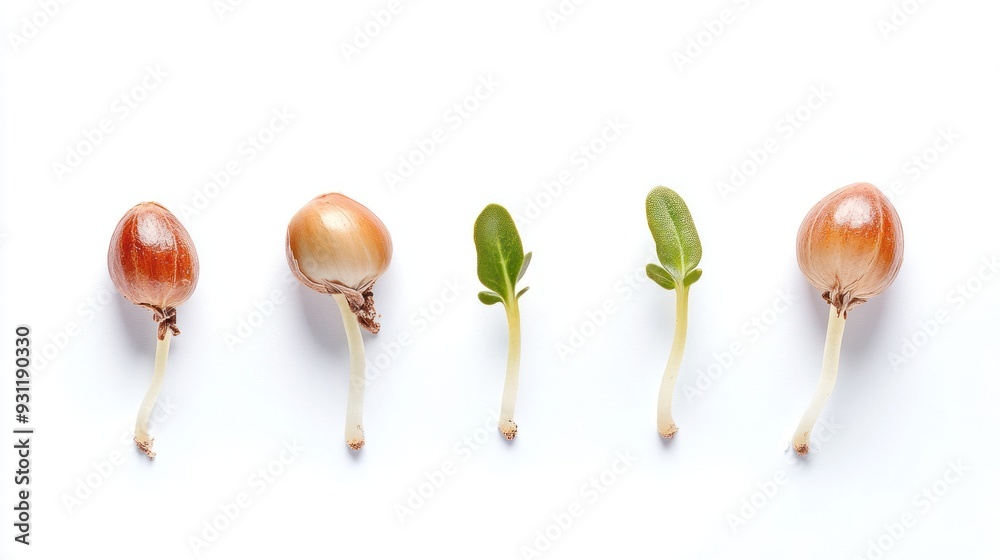 Five stages of a plant's growth shown in sequence from seed to ...