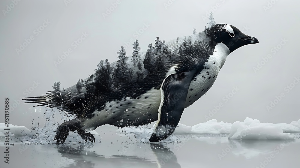 Double exposure of a penguin in motion, its body seamlessly blending ...