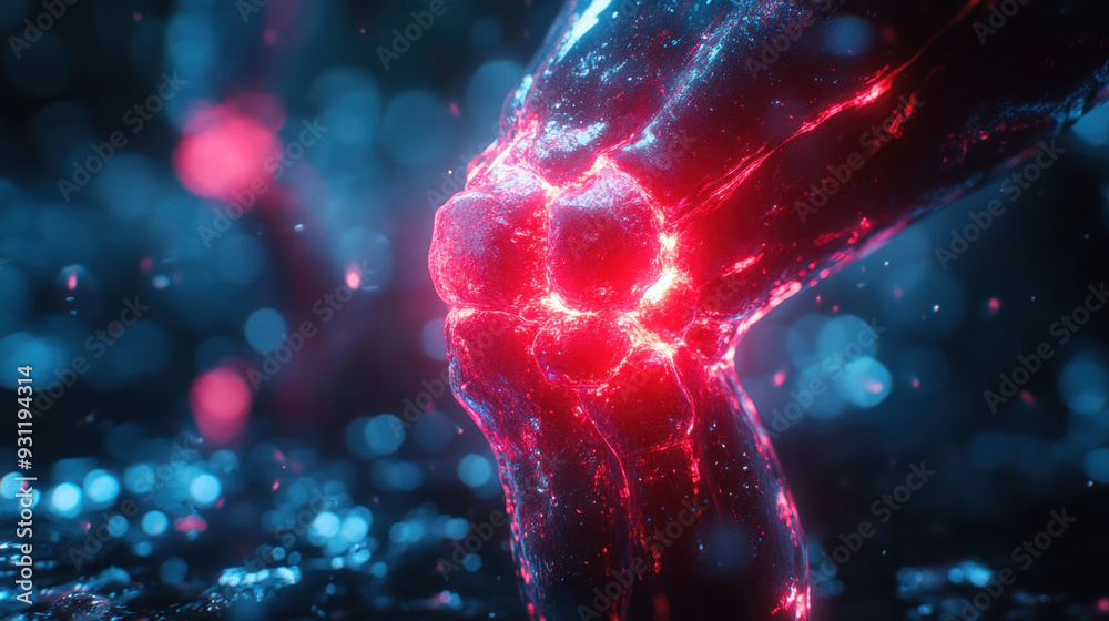 A vivid red glow pinpoints the sharp bone pain in the knee, capturing ...