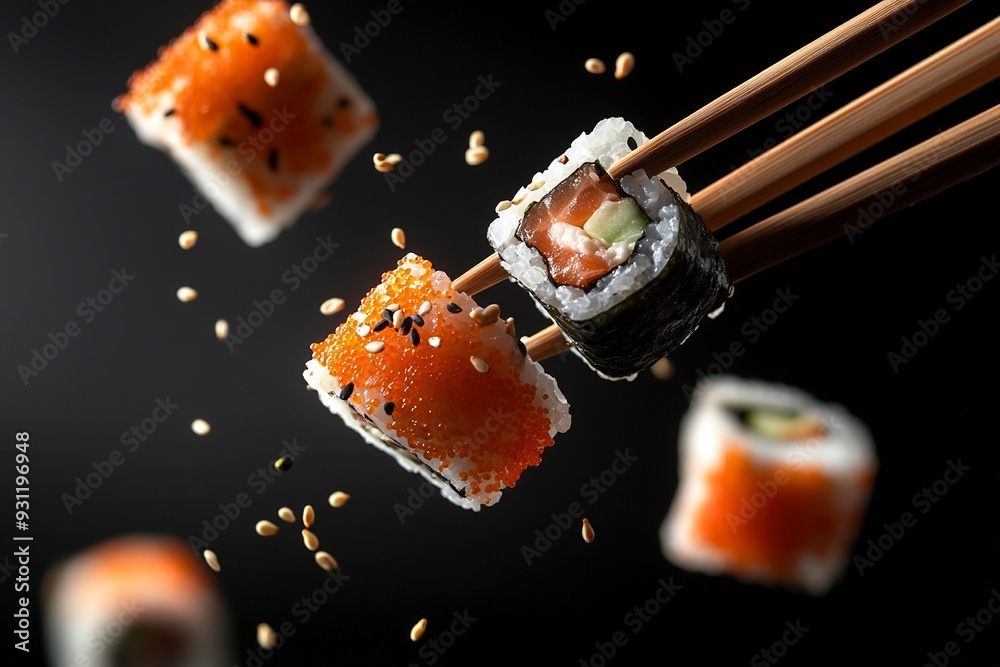 Flying sushi pieces are placed between chopsticks. Sushi and roll ...