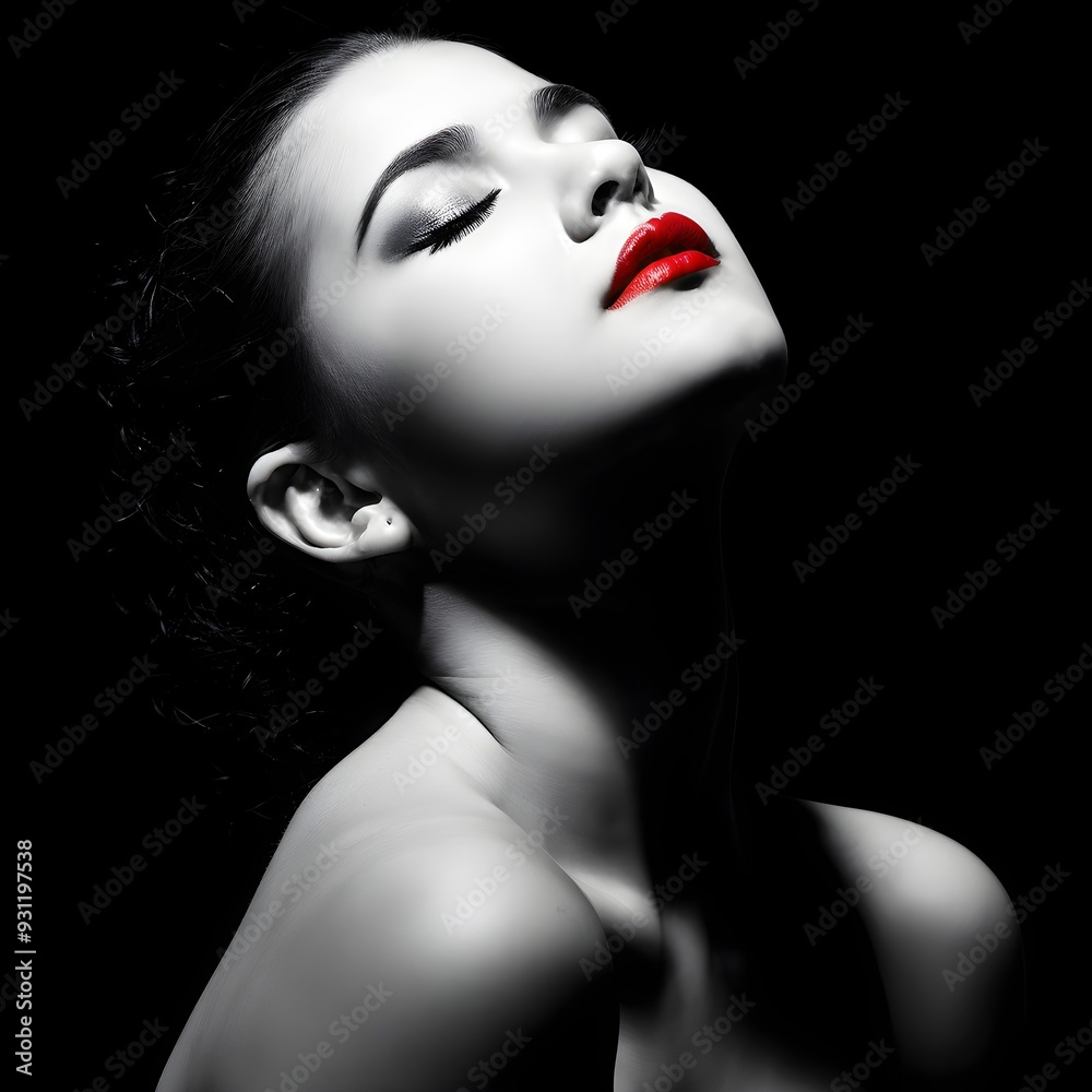 Black and white bodyscape capturing a young woman with vibrant lips and ...