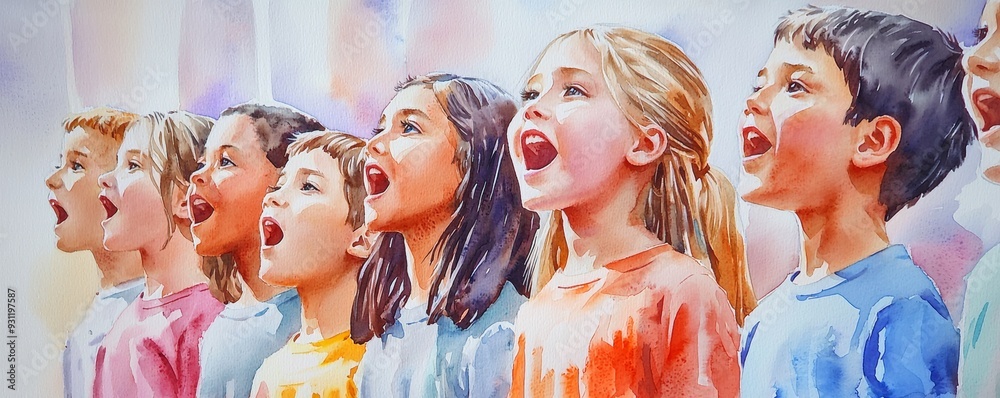 A vibrant scene of children joyfully singing together, showcasing their ...