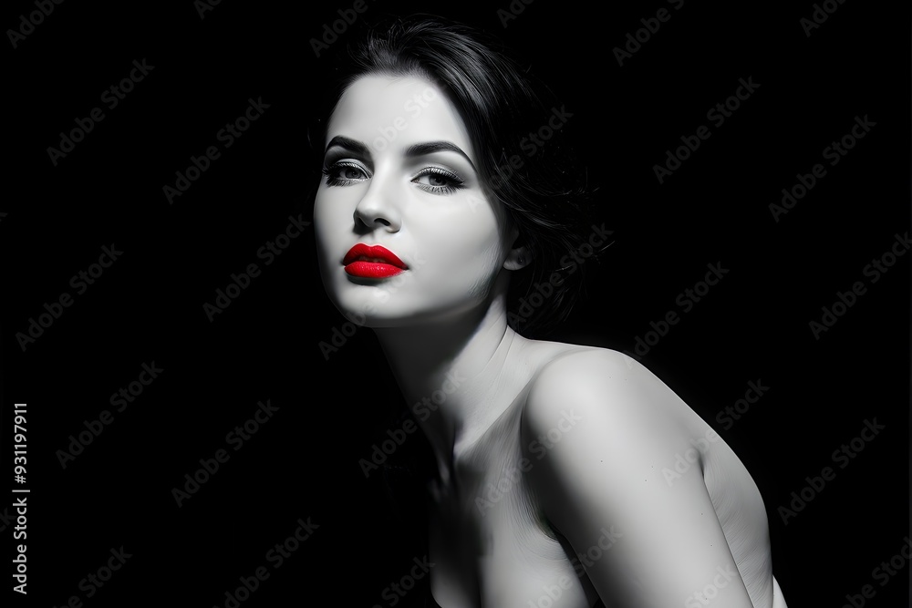 Black and white bodyscape capturing a young woman with vibrant lips and ...