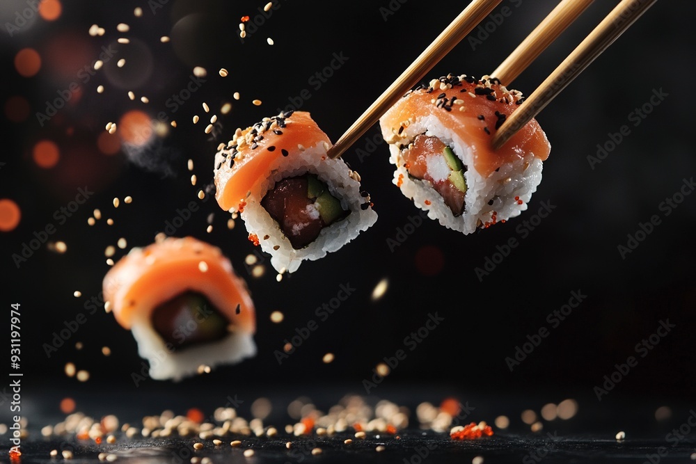 Flying sushi pieces are placed between chopsticks. Sushi and roll ...