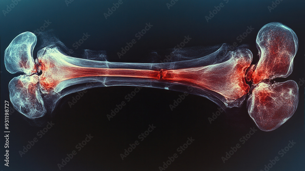 An X-ray of a fractured femur, the break highlighted in red, shows the ...