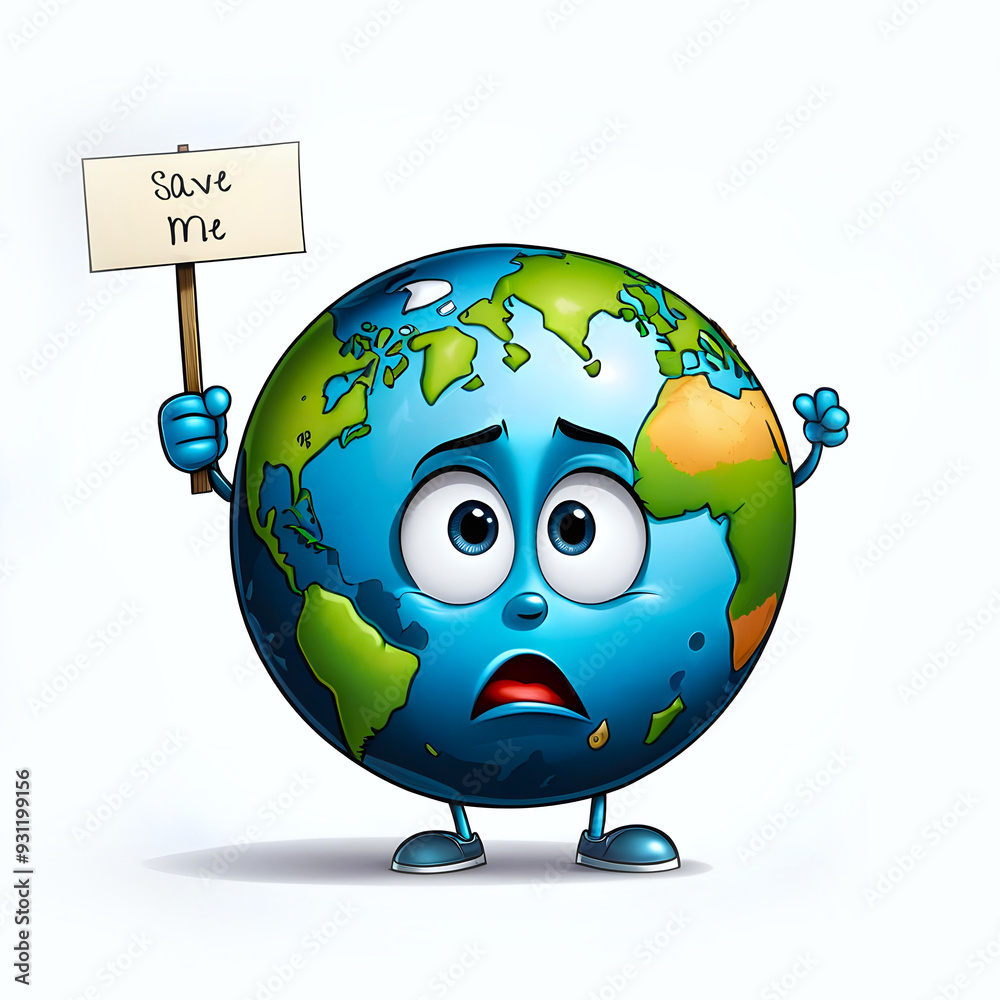 Cartoon illustration of an earth globe with sad facial expression ...