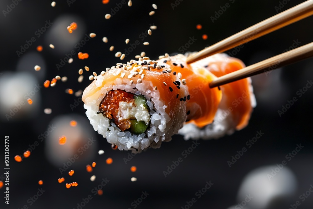 Flying sushi pieces are placed between chopsticks. Sushi and roll ...