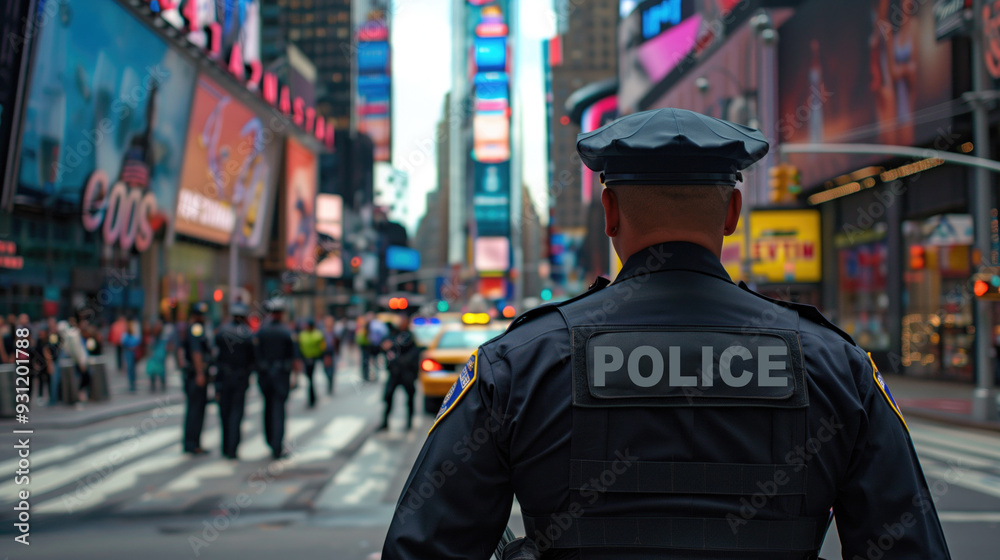 Police officer standing on a busy city street with vibrant billboards ...