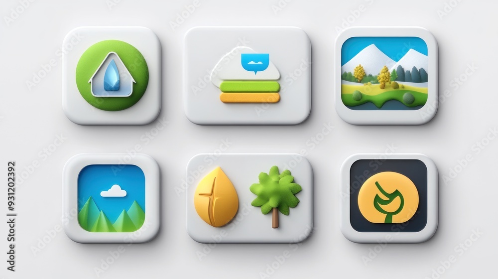 Six colorful app icons depicting environmental themes, including water ...