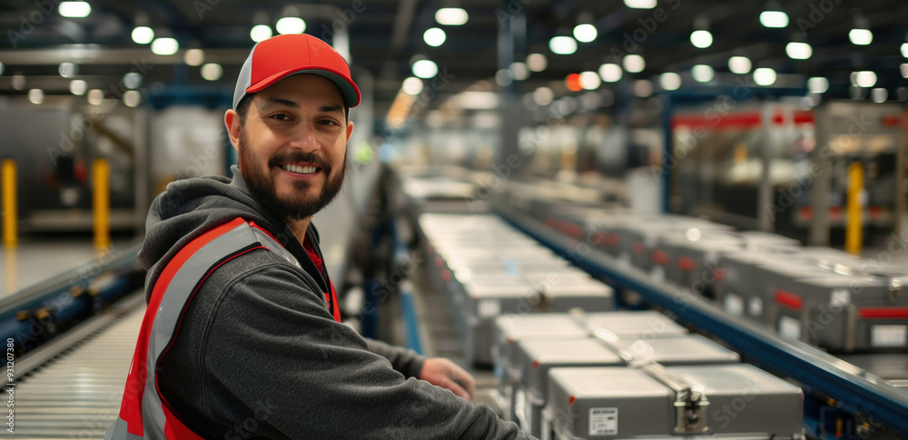 Smiling baggage handler with a red cap and safety vest operating a ...