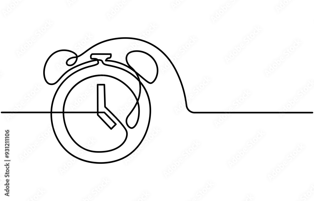 Single continuous line drawing of an alarm clock, Clock with arrow. One ...