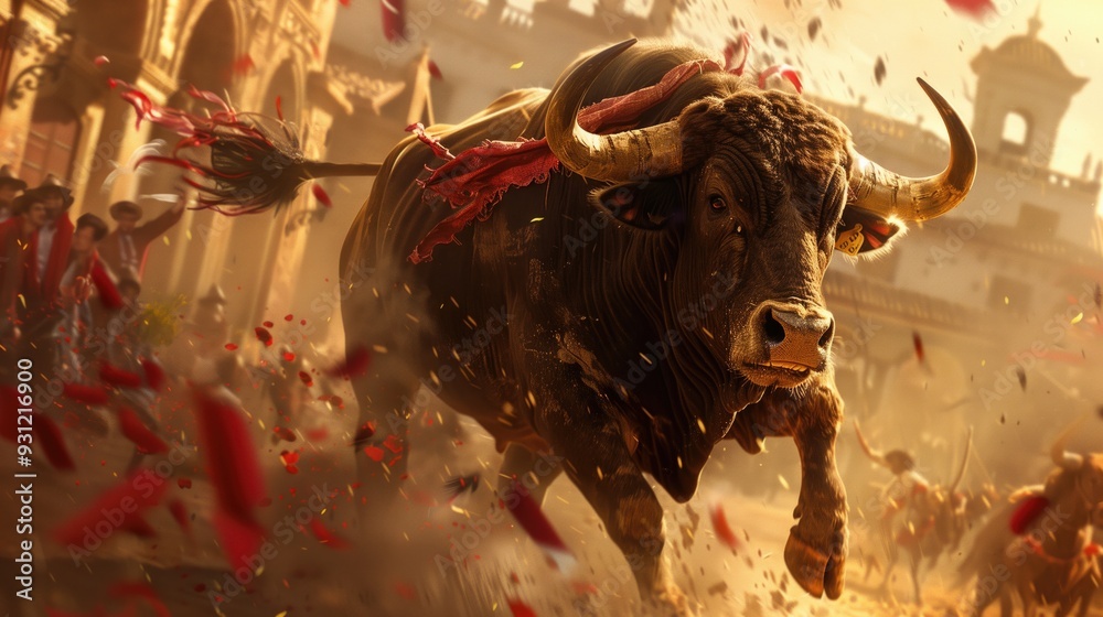 Powerful bull charging through a vibrant street with spectators in the ...