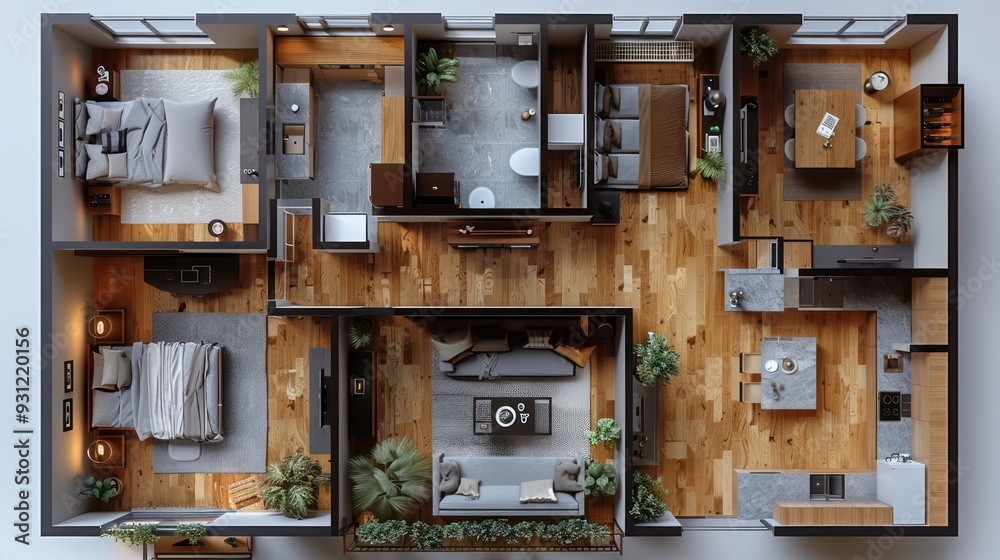 Photo & Art Print Open Concept House Layout - 3D Top View Floor Plan ...