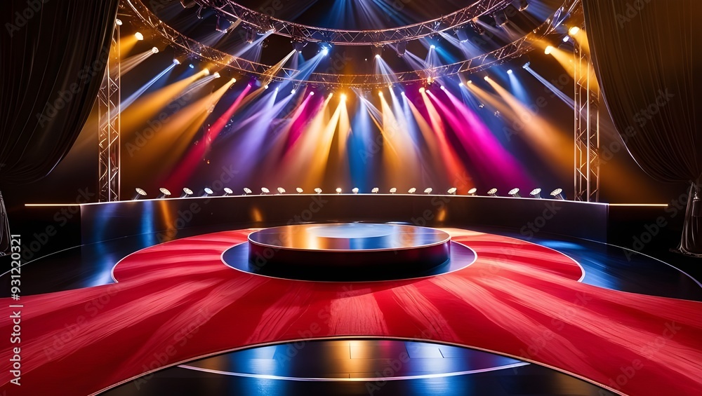 ภาพประกอบสต็อก Spotlight on the Red Carpet round stage with Stage ...